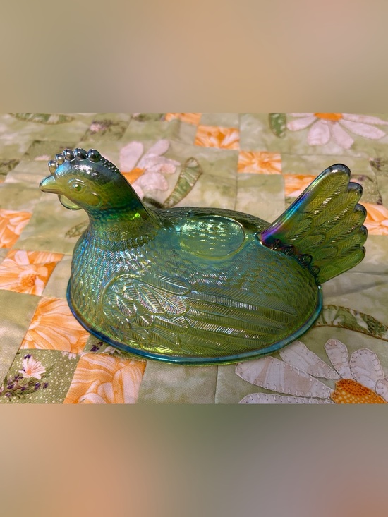 Indiana Glass | Accents | Iridescent Carnival Glass Hen Dish In Green ...